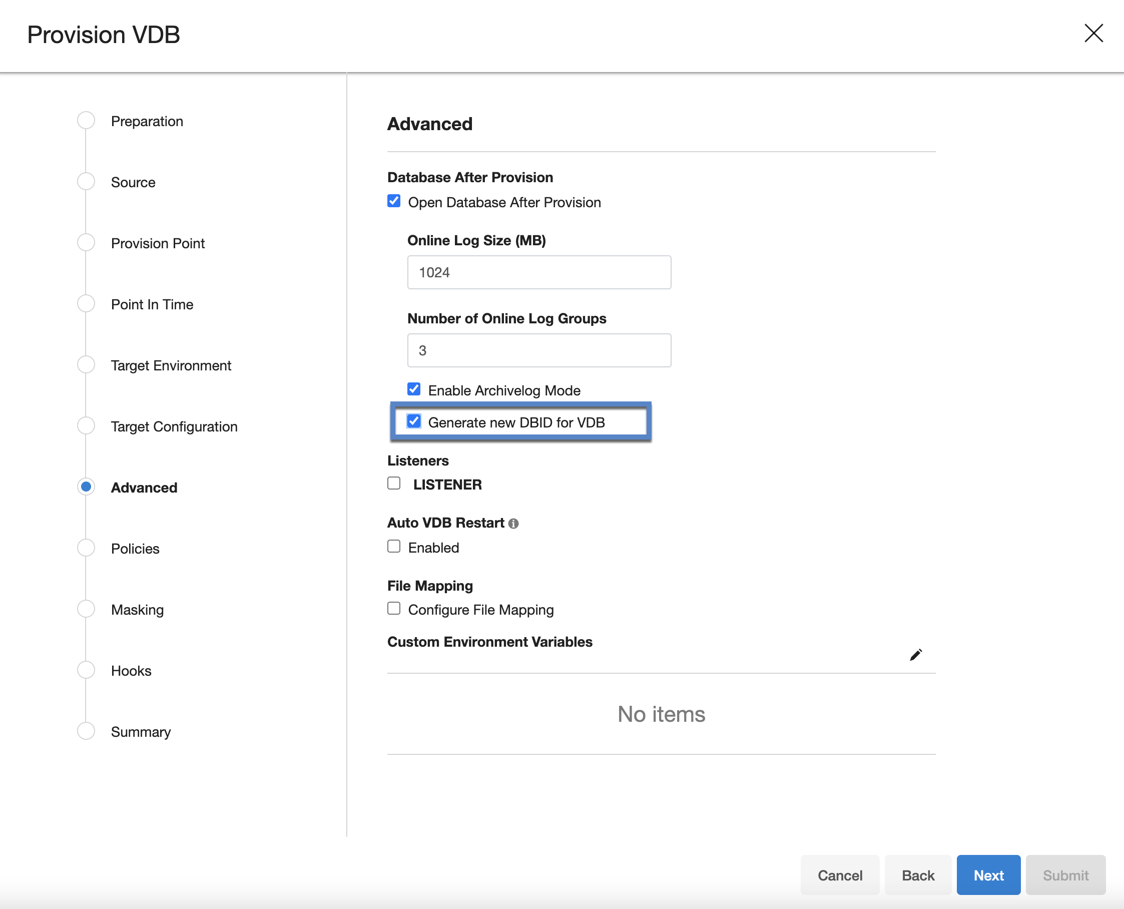 Generate a new DBID for Oracle VDBs